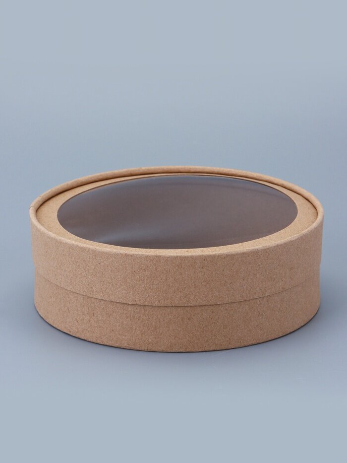 Коробка круглая подарочная завальцованная с окном, крафт, 18×6 см