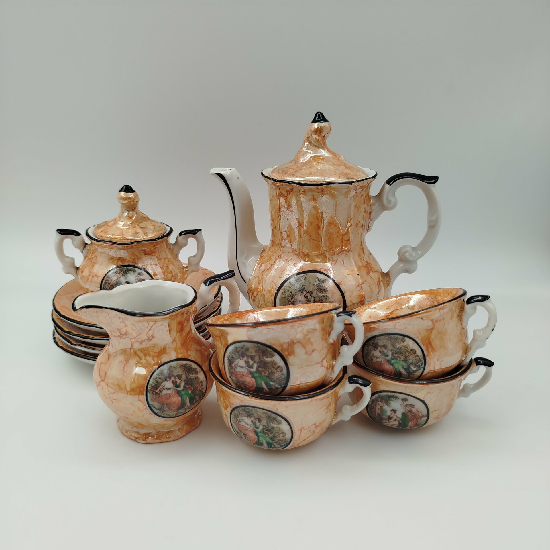 Сервиз кофейный "Мадонна" с разводами, на 4 персоны (11 предметов), фарфор, деколь