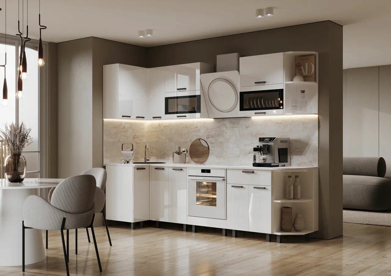 Кухня Техно 0,9*2,7м Компоновка №2 Белый глянец, Белый (Антарес)