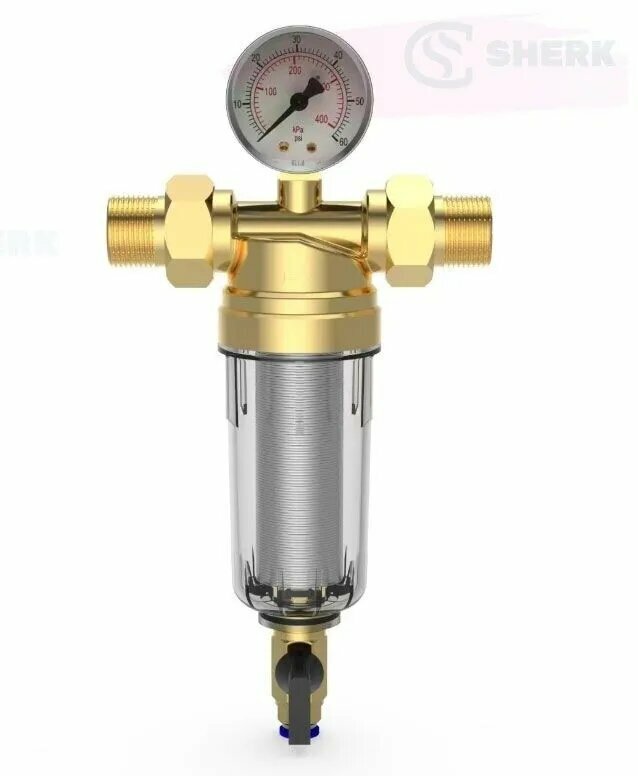 Фильтр самопромывной 3/4" промывной для отопления, для горячей и холодной воды, латунная колба,