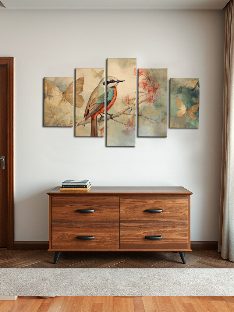 Картина модульная 150х90 см на стекле для интерьера/ Птичка в изумрудном саду, Diva Kartina