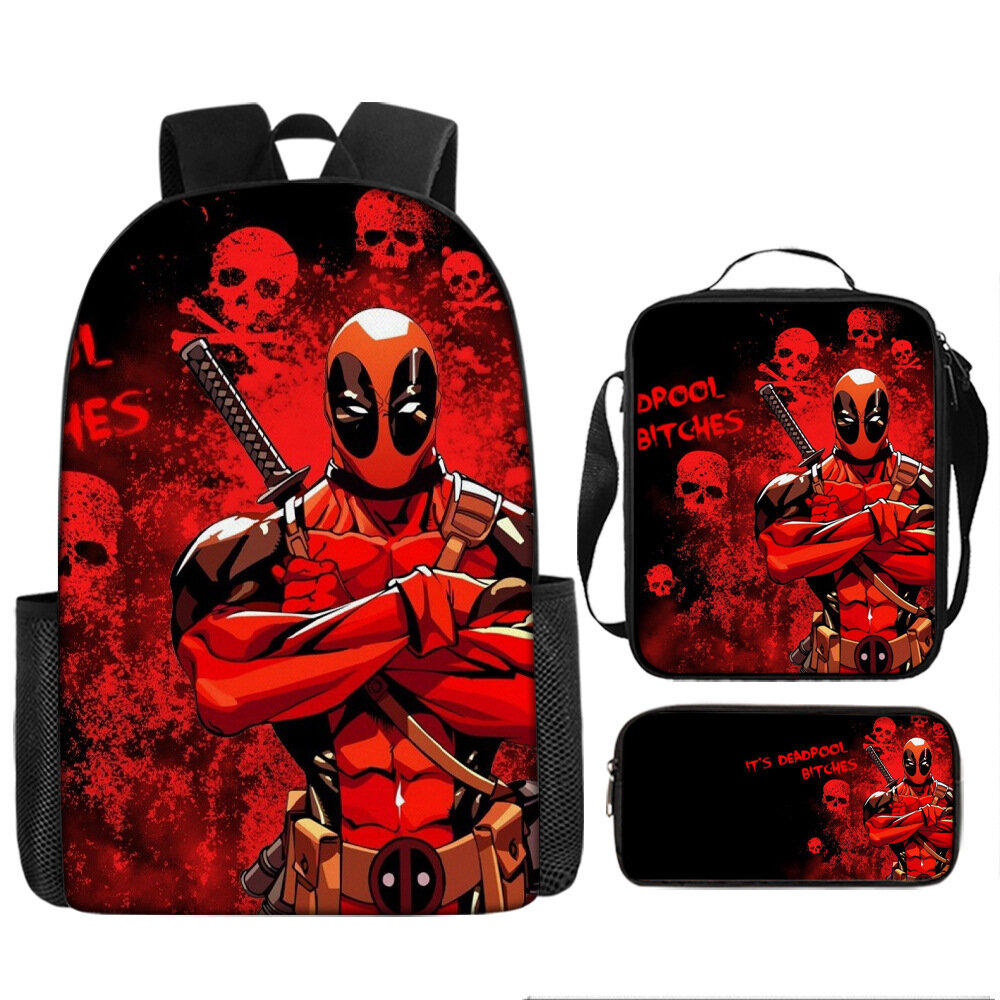 Новый трансграничный рюкзак Дэдпул с героями мультфильмов, большой вместительный рюкзак, сумка на плечо, чехол для ручек, комплект из трех предметов, дропшиппинг