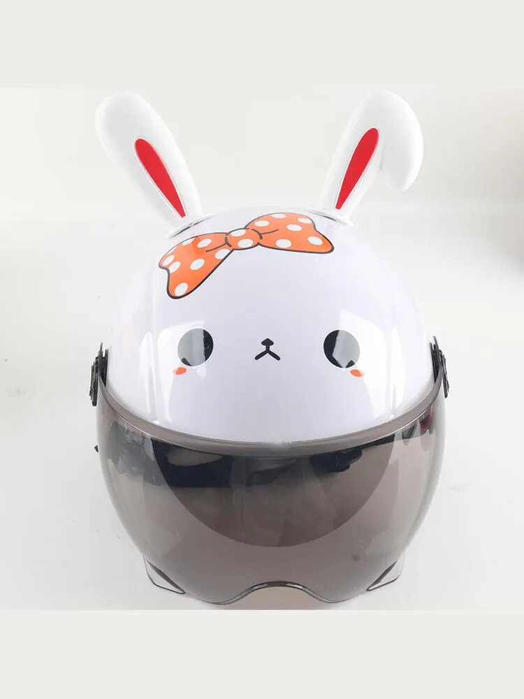 Мотошлем детский белый с рисунком зайчика, открытый, размер: S
