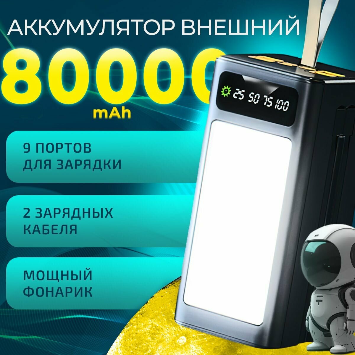 Повербанк 80000mAh с фонарём пауэрбанк power bank павербанк чёрный