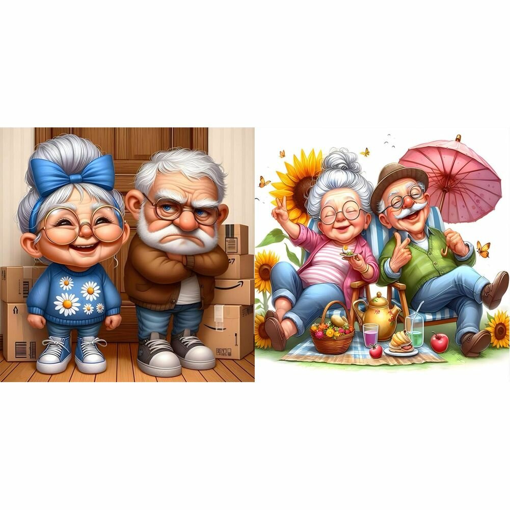 Набор из 2 алмазных картин Бабушка и дедушка, 5D ромбовая мозаика на холсте со стразами 30x30 см, набор для рукоделия и уютного декора гостиной или спальни