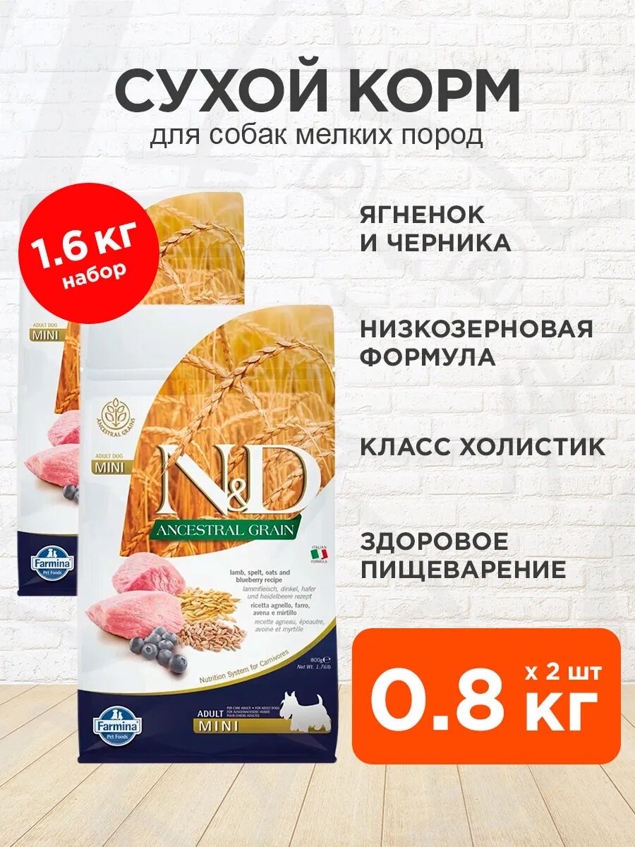 Корм сухой Farmina Dog N&D Ancestral Grain Adult Mini Lamb & Blueberry низкозерновой для взрослых собак маленьких пород, ягненок, черника, 0,8 кг 2 шт