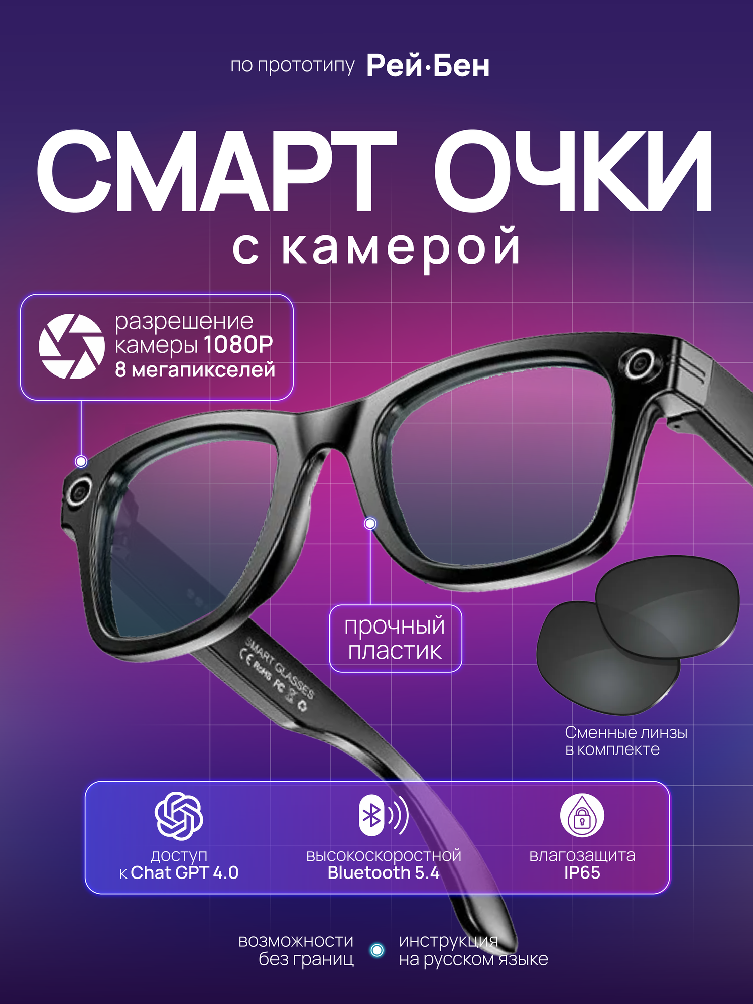 Очки, с камерой, 1080 p HD, 8 Мп, Bluetooth, влагозащита, встроенный Chat GPT