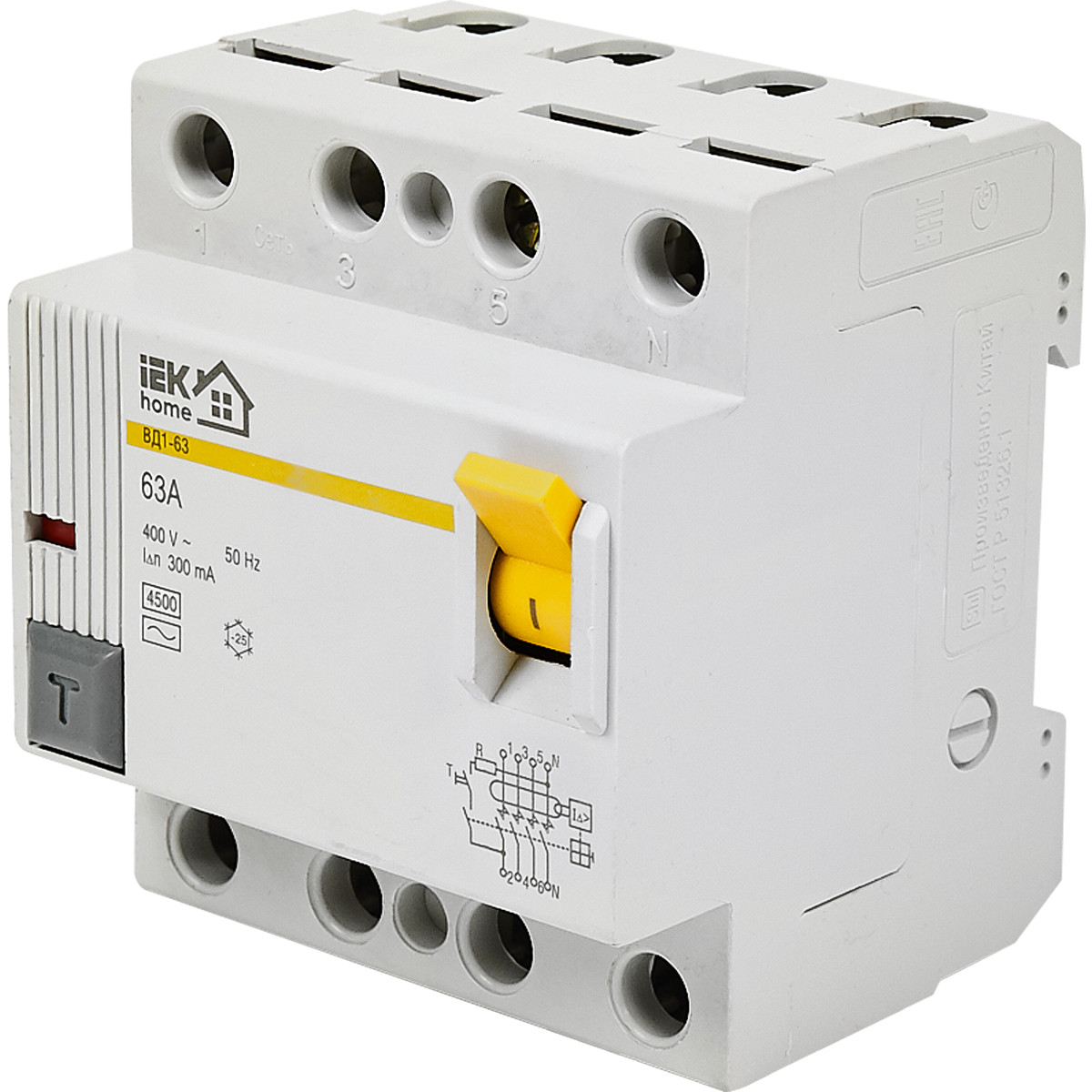 УЗО Iek Home ВД1-63 1P N 63 A 300 мА 4.5 кА AC MDV10-2-063-300