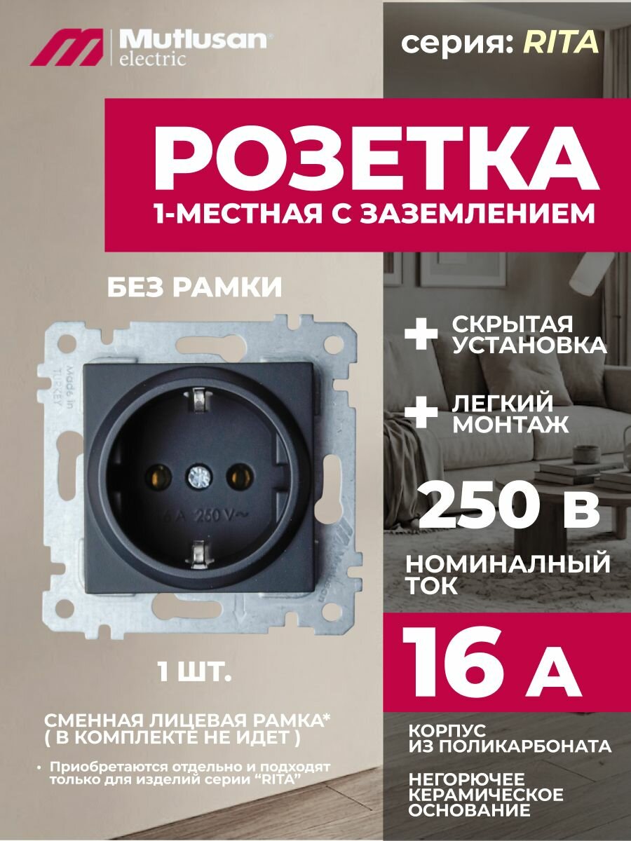 Розетка встраиваемая с заземлением без рамки, серия Rita