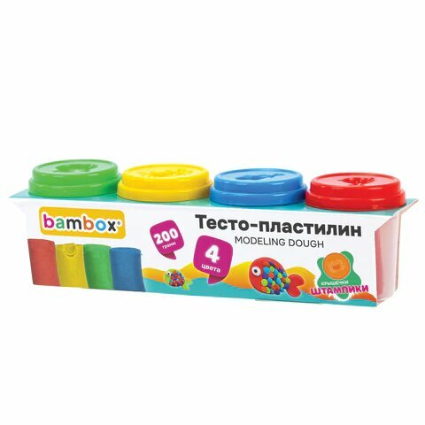 Тесто пластилин для лепки супер пластичное, 4 цвета, 200г, крышки-штампики, BAMBOX (бамбокс), 107247