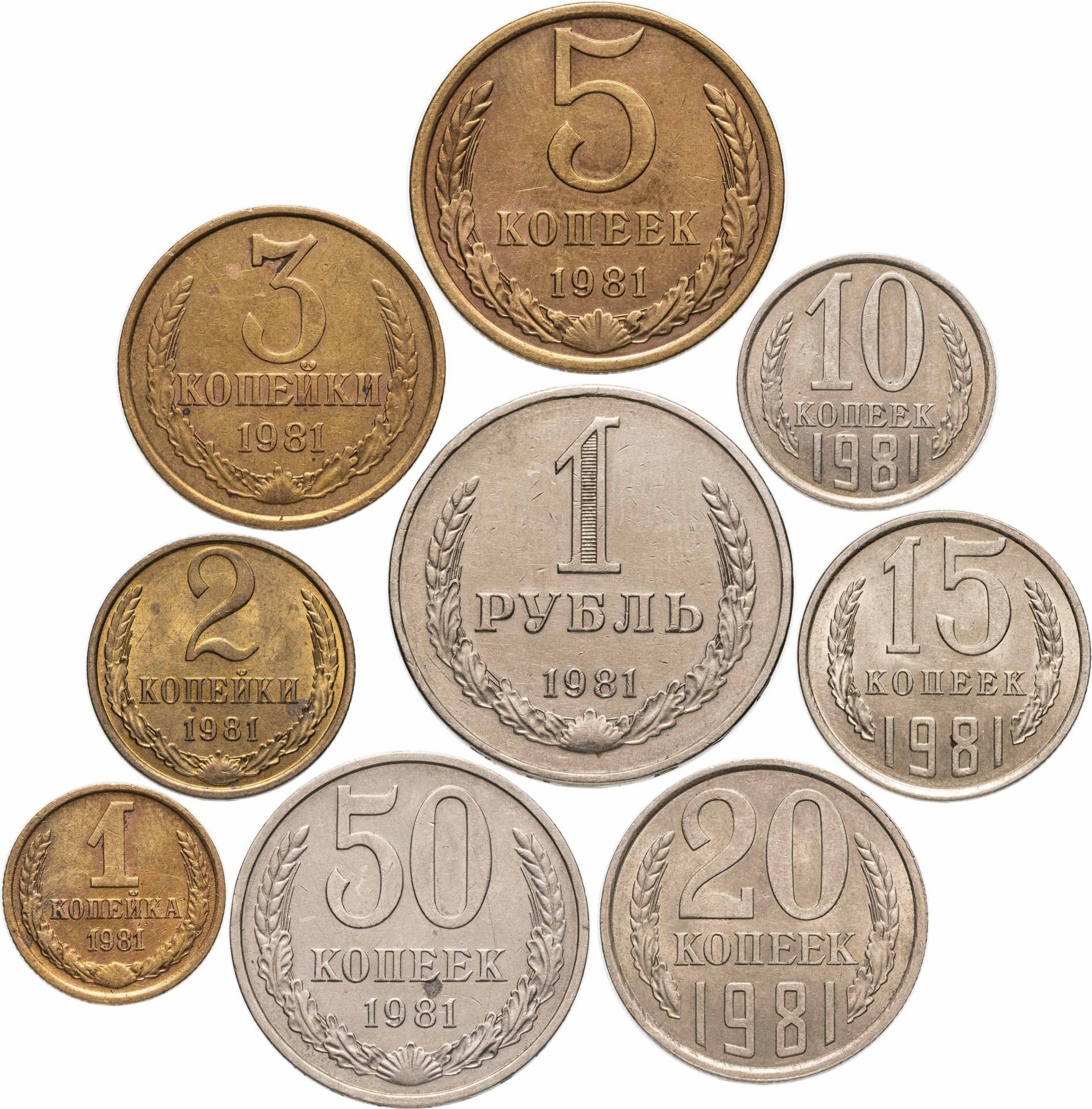 Полный годовой набор разменных монет 1981 года 1, 2, 3, 5, 10, 15, 20, 50 копеек и 1 рубль 9 монет, Латунь, МНЦ медь-никель-цинк, в сохранности XF