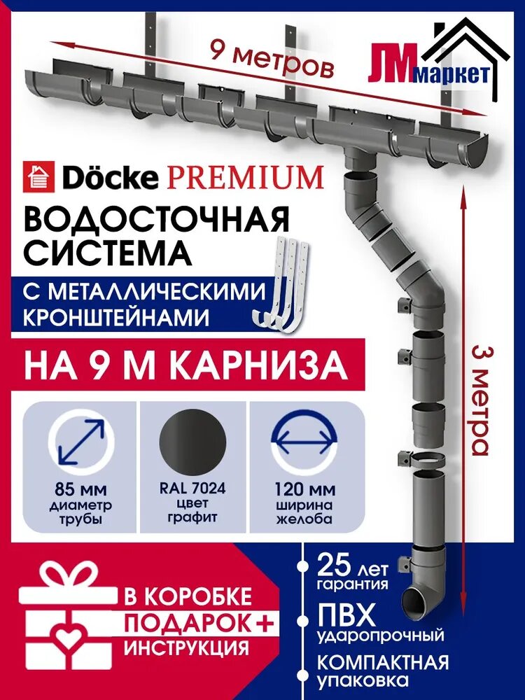 Водосток для крыши дома Docke Premium, 9м/3м, RAL 7024, цвет графит, водосточная система пластиковая c металлическими кронштейнами