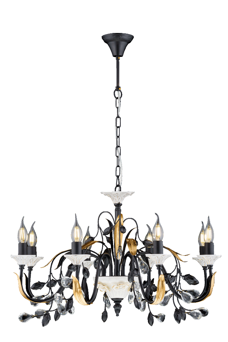 Люстра Классика черная+золото подвесная с хрустальным декором на 8 ламп E14, регулировка по высоте