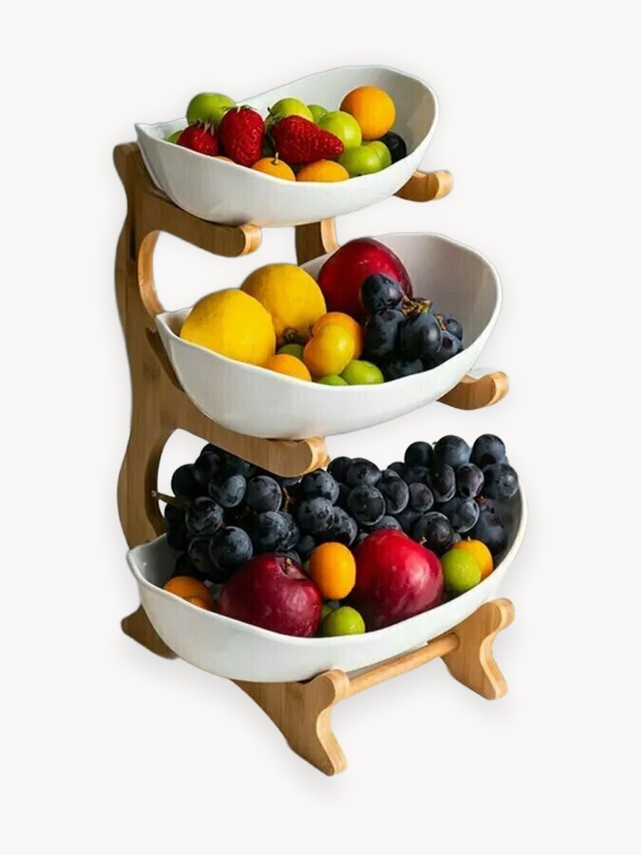 Фруктовница "Milk White", бамбук, 28см, 3 яруса, прямоугольная