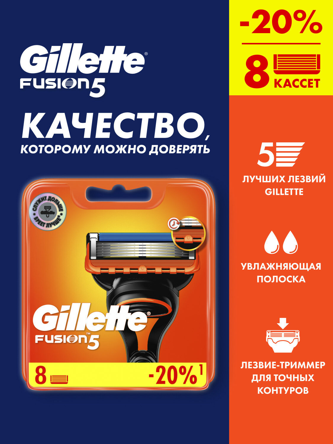 GILLETTE Fusion 5 Сменные кассеты для бритья с 5 лезвиями, мужские, 8 шт