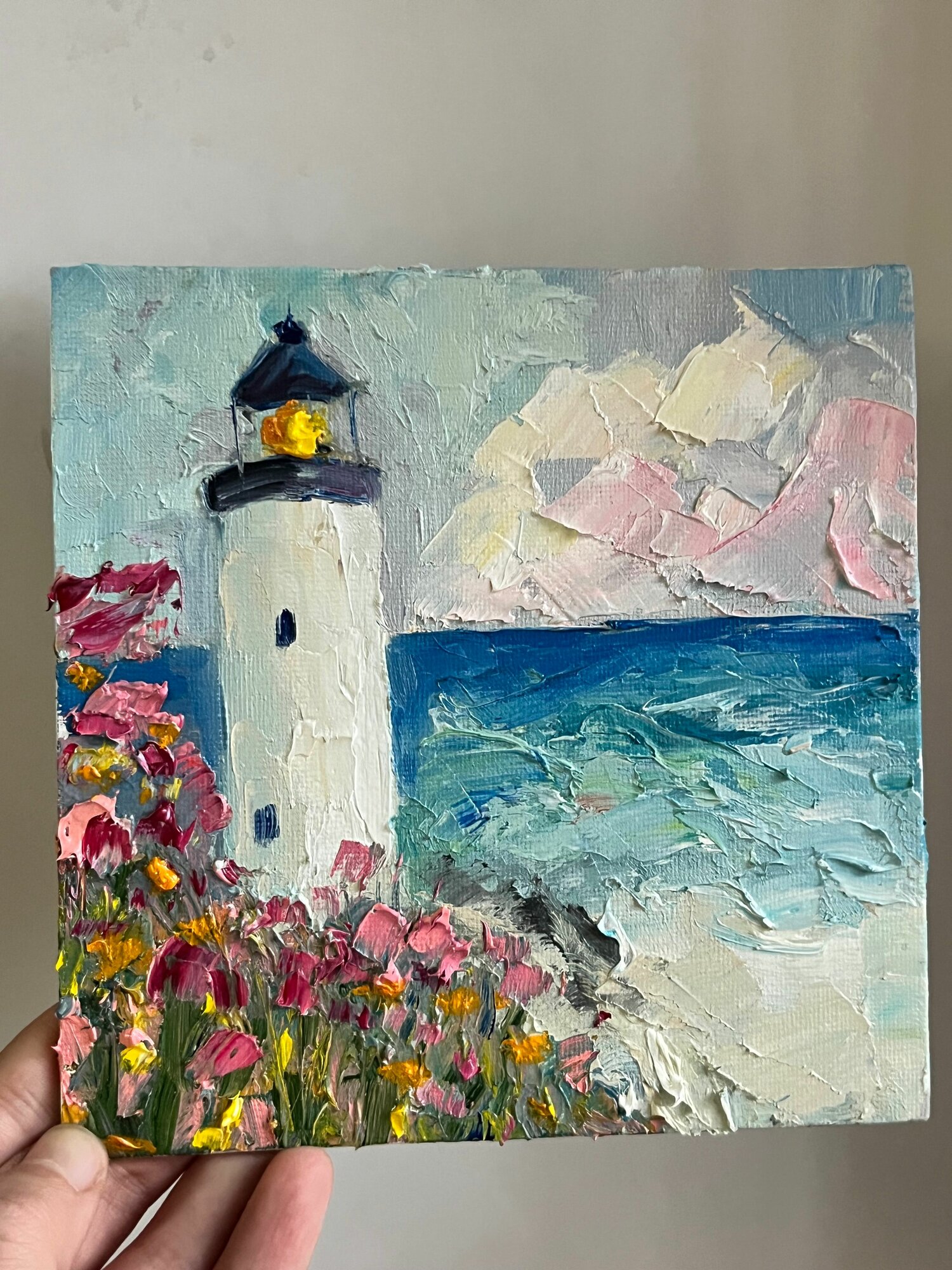 Картина маслом Маяк миниатюра ручная работа