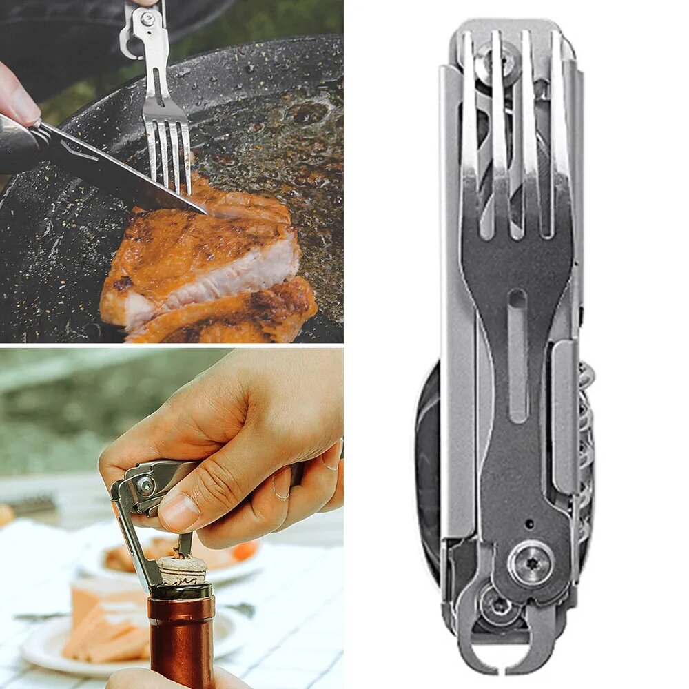 Мультитул походный набор складных столовых приборов 6 в 1 / нож, вилка, ложка, штопор