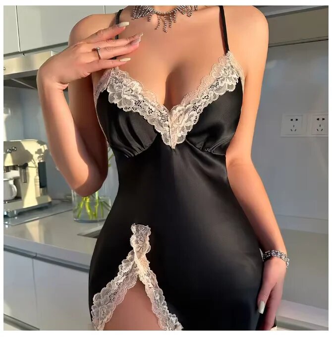 Sexy Backless Mini Female Nightgown Lingerie Summer Chemise Sleepwear Suspender Nightdress White Satin Lace Home Wear Loungewear