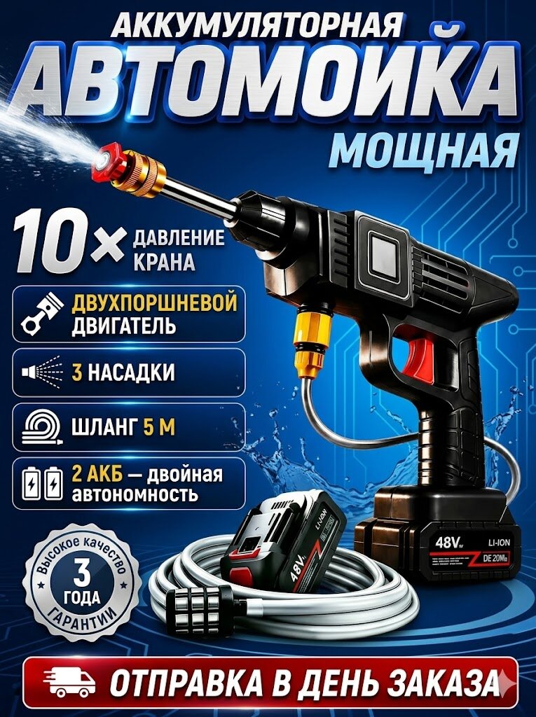 Мойка высокого давления аккумуляторная для автомобиля, Автомойка, в кейсе 2 аккумулятора, 3 насадки