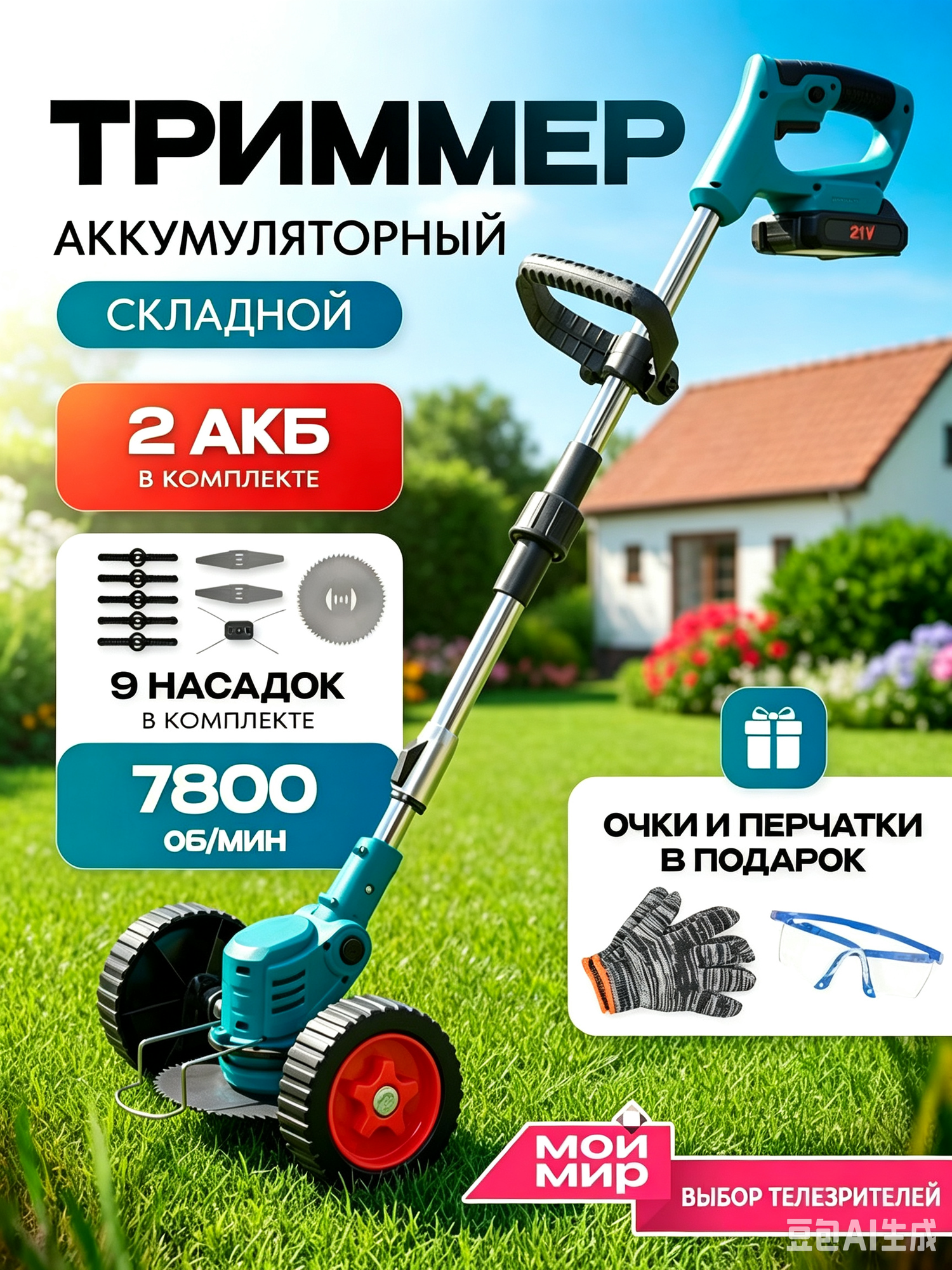 Триммер аккумуляторный садовый для травы "триммакс", на колесах, складной, с 2 аккумуляторами