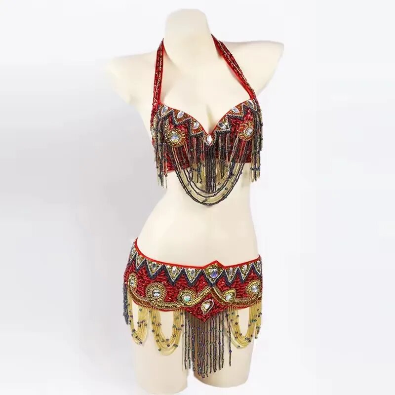 BELLYQUEEN Бюстгальтер и пояс для танца живота, бисер, XL М, Bra Belt Hong