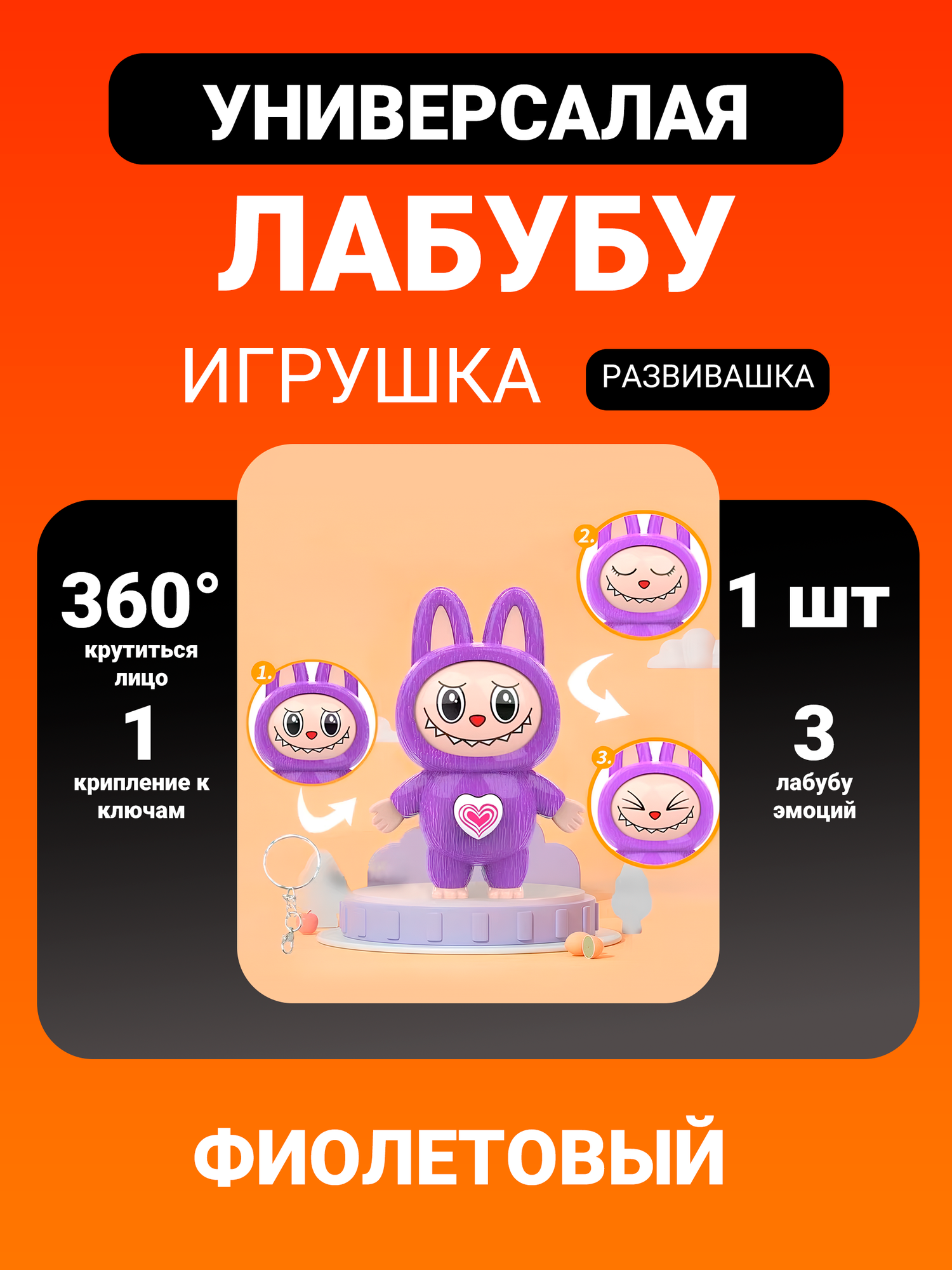 Лабубу, игрушка развивашка, 3 вида мордочек, брелок на рюкзак, брелок на ключи фиолетовый