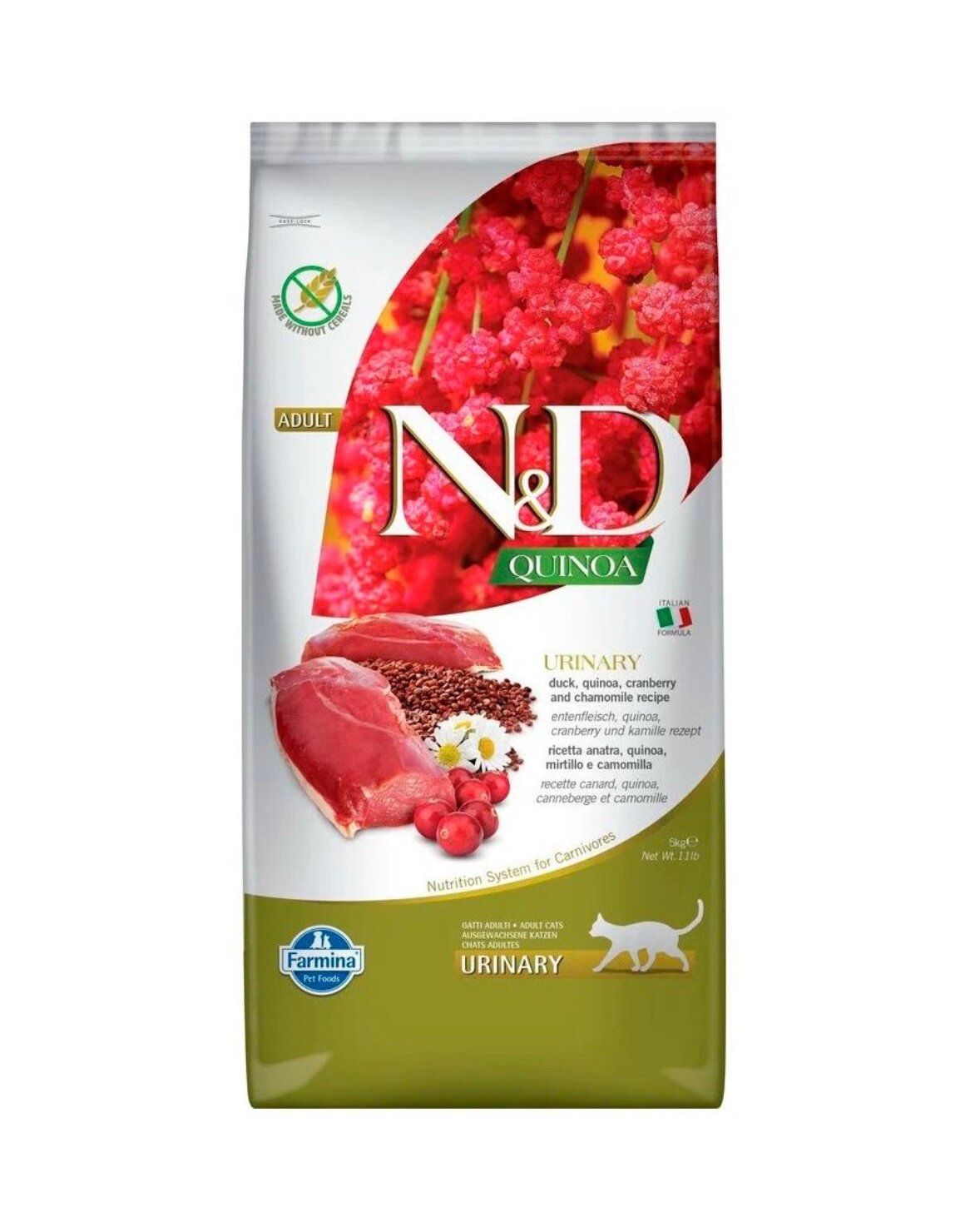 Сухой корм Farmina ND Cat GF Quinoa Urinary Duck для взрослых кошек с уткой, профилактика МКБ, 5кг