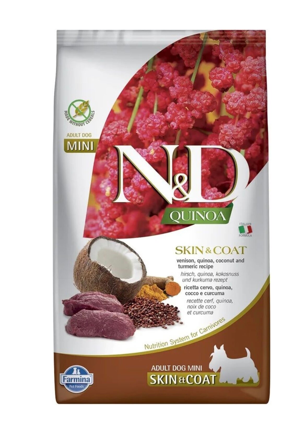 Сухой корм Farmina ND Dog GF Quinoa Skin-Coat Venison Mini для взрослых собак мелких пород с олениной, уход за кожей и шерстью, 800г