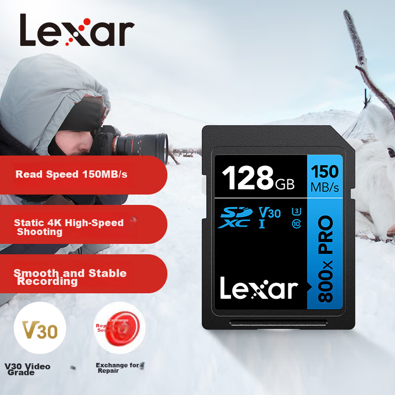 Lexar 128GB SD Memory Card, Read 150MB/s, U3 V30, Entry-Level Camera Memory Card, High-Speed Performance, Capture with Ease (800x PRO)
