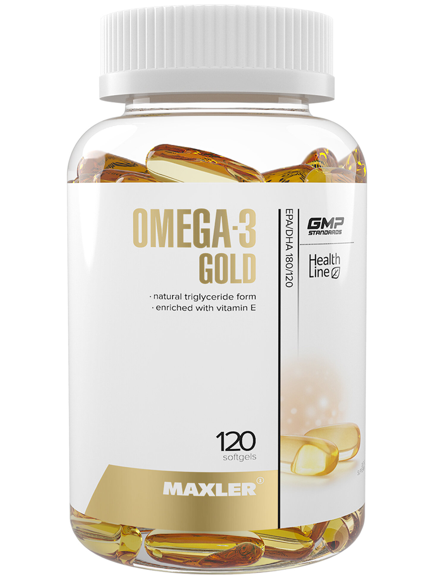 Жирные кислоты Омега-3 с витамином Е Maxler Omega-3 Gold TG - 120 гел. капсул (DE, Европа)