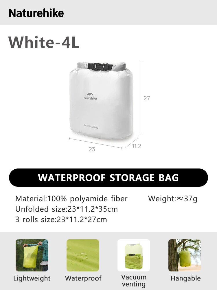 Водонепроницаемая сумка Naturehike 2л 4л 8л из нейлона для кемпинга, плавания, Белый, White 4L