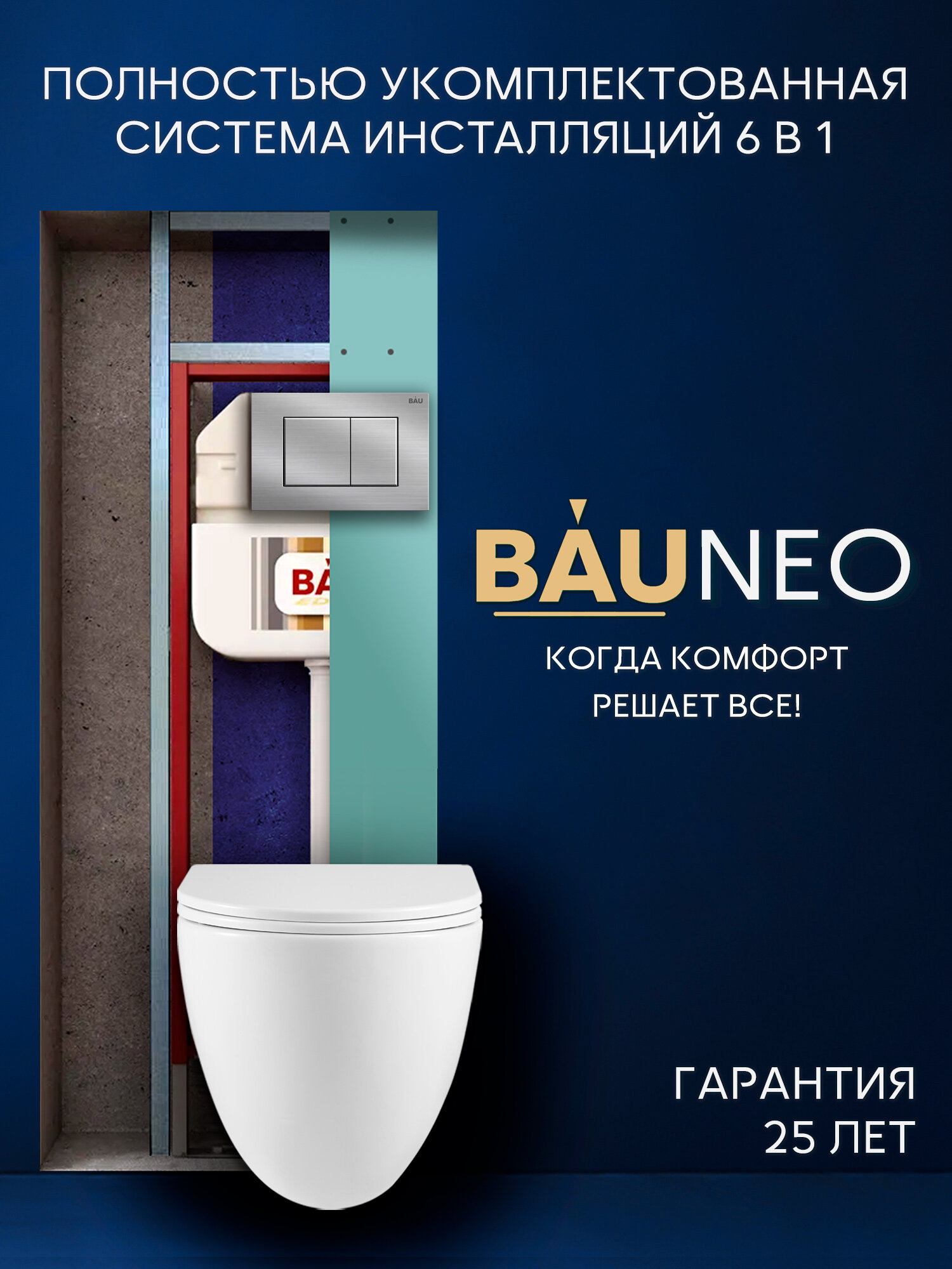 Комплект BAU 6 в 1: рамная инсталляция BAU NEO 45, унитаз безободковый смыв торнадо Bau Dream Hurricane3, сиденье дюропласт микролифт, клавиша BAU Stil антивандальная 2-й смыв, нерж. сталь сатин