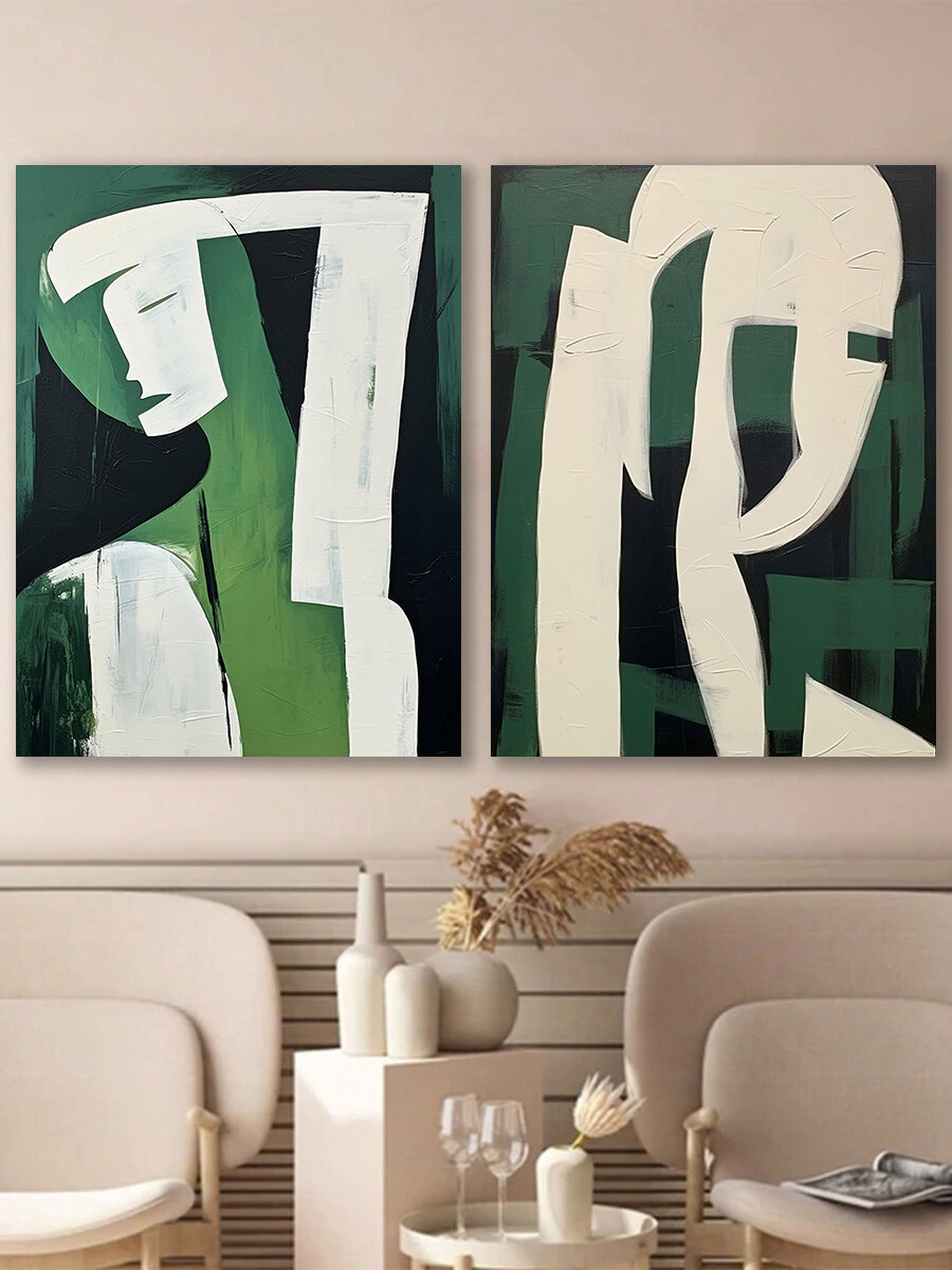 Картина модульная на стену / композиция из 2-х картин, "Зеленая абстракция, минимализм, лица и силуэты", 70х100 см.