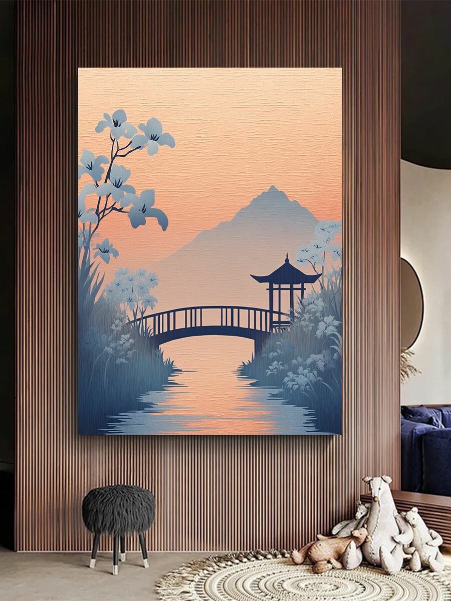 Картина на холсте - "Пейзаж в японском стиле / гора Фудзи и сакура" , 30х40 см.