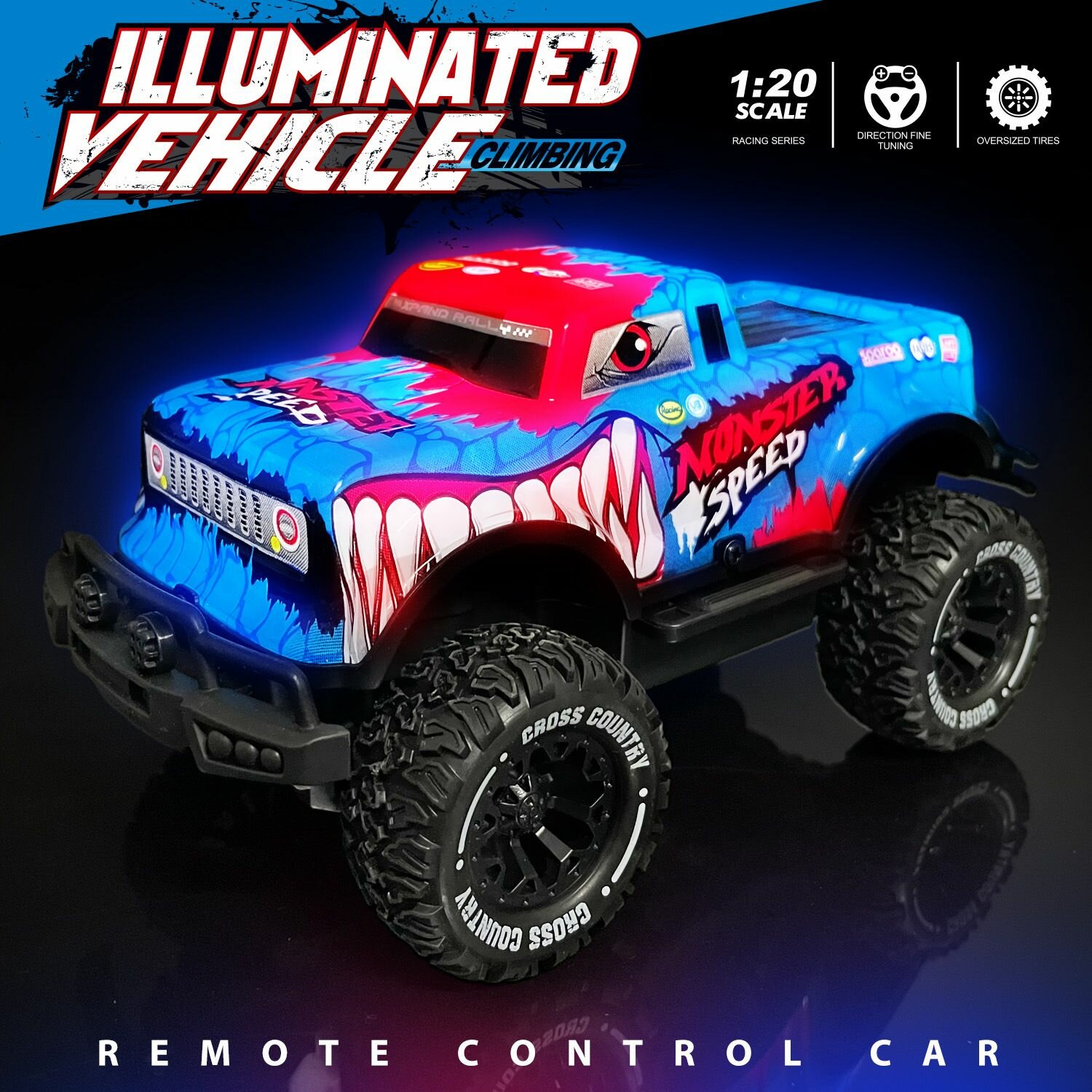 Радиоуправляемый пикап 1:20 с дизайном зубов монстра, светящимся кузовом и RGB динамической подсветкой