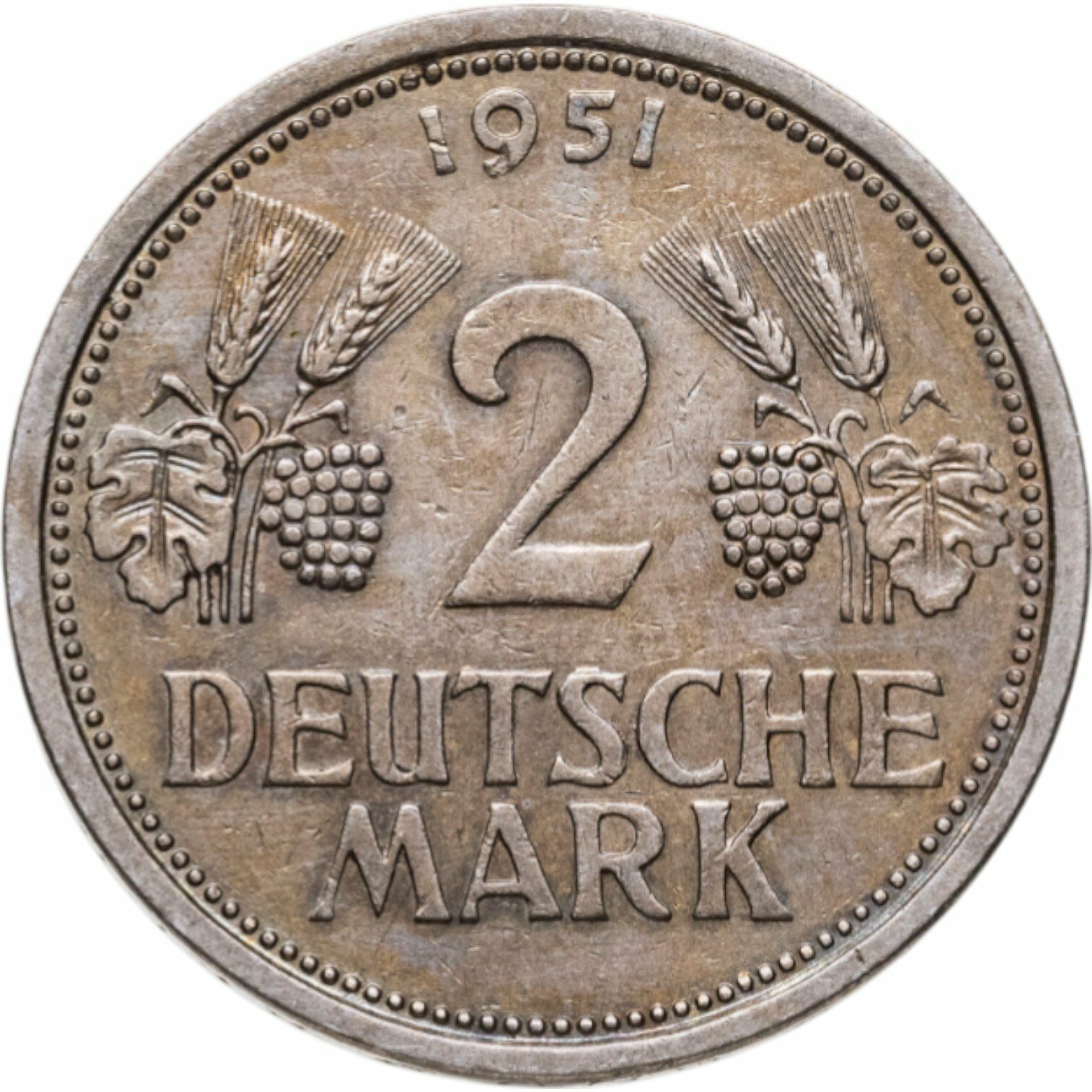 Германия 2 марки 1951, знак монетного двора: "J" - Гамбург, Мельхиор медь-никель, в сохранности XF