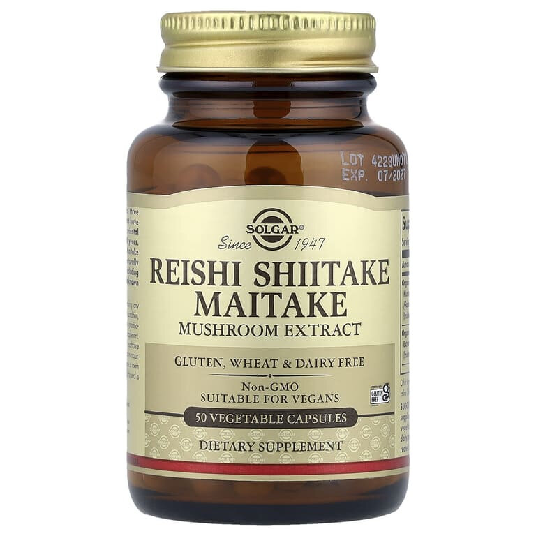Solgar Reishi Shiitake Maitake Mushroom Extract, Экстракт грибов Рейши Шиитаки Мейтаки 50 вегетарианских капсул