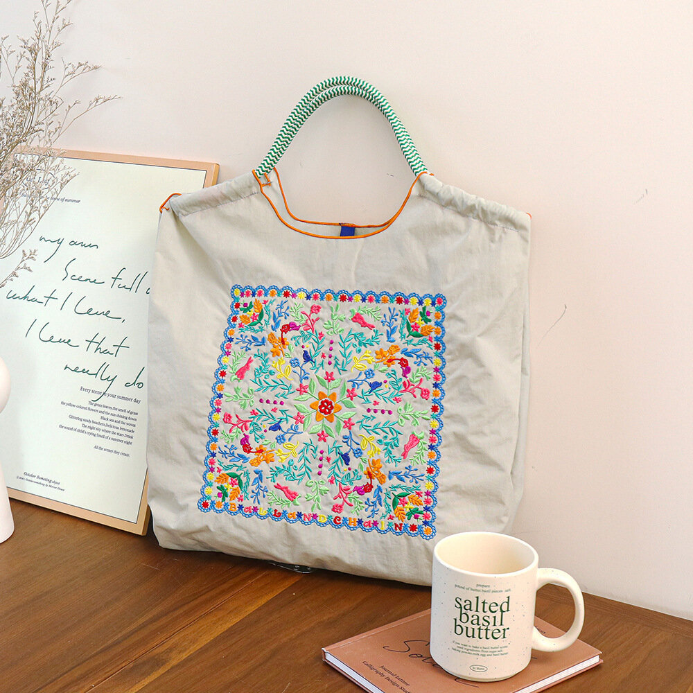 Японский стиль, ручная работа, сумка с шариковой цепочкой, экологичная сумка для покупок, нейлоновая ткань, вышитый цветок, ручная сумка из холста, нейлоновая сумка для покупок