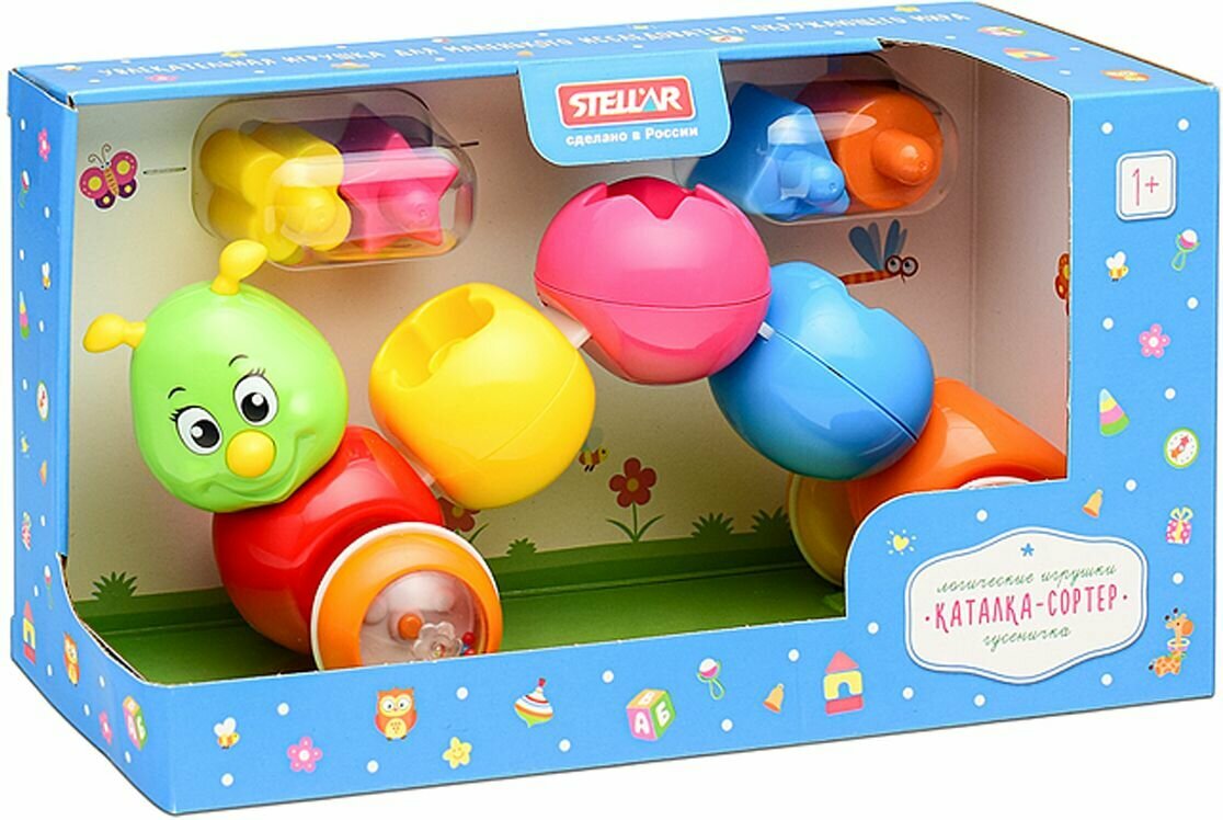 Детская каталка-сортер "Гусеничка-2" с подвижными элементами и звуковми эффектами, игрушка-покатушка на веревочке для малышей
