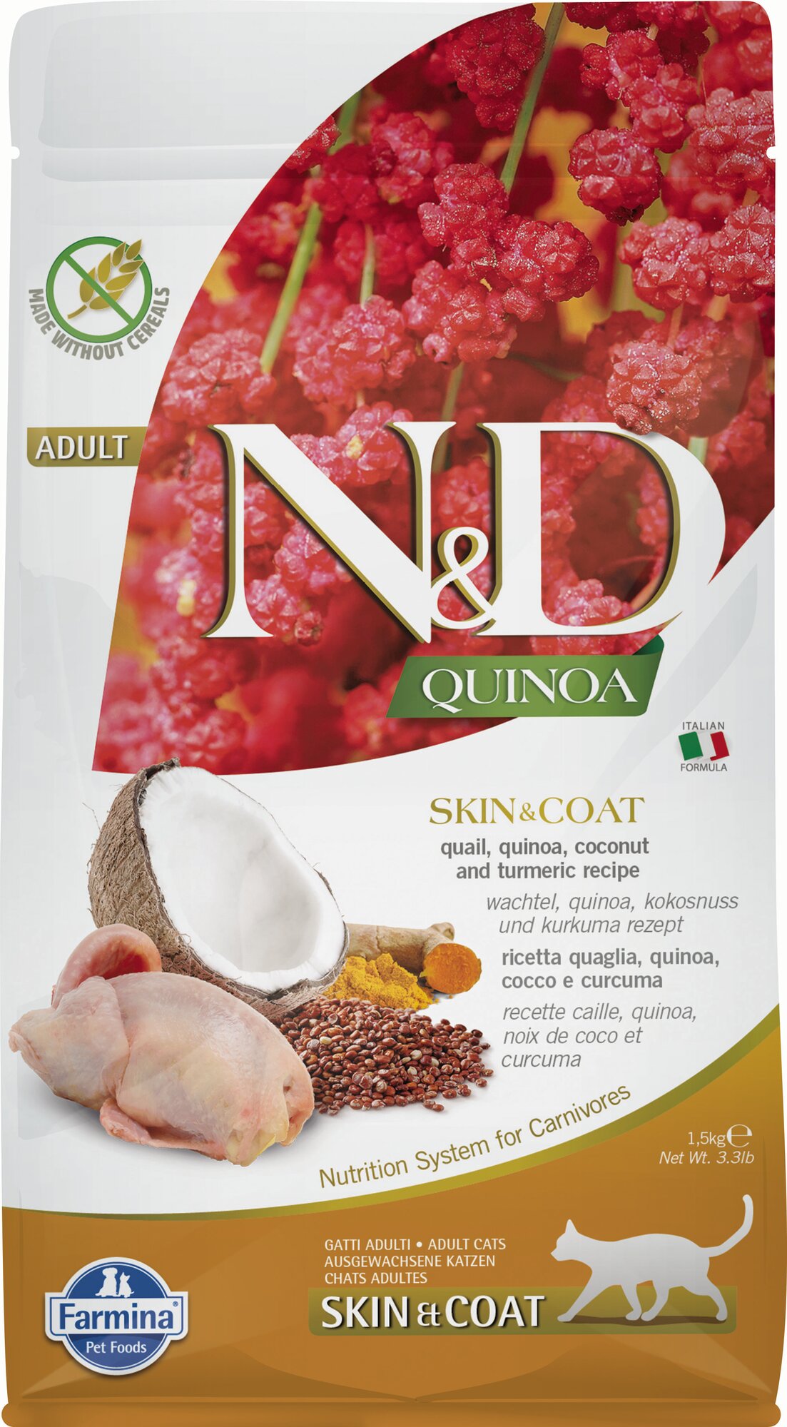 Сухой беззерновой корм для взрослых кошек Farmina N&D Quinoa Skin&Coat Quail Adult, здоровье кожи и шерсти, перепел, киноа, кокос, куркума, 1,5 кг