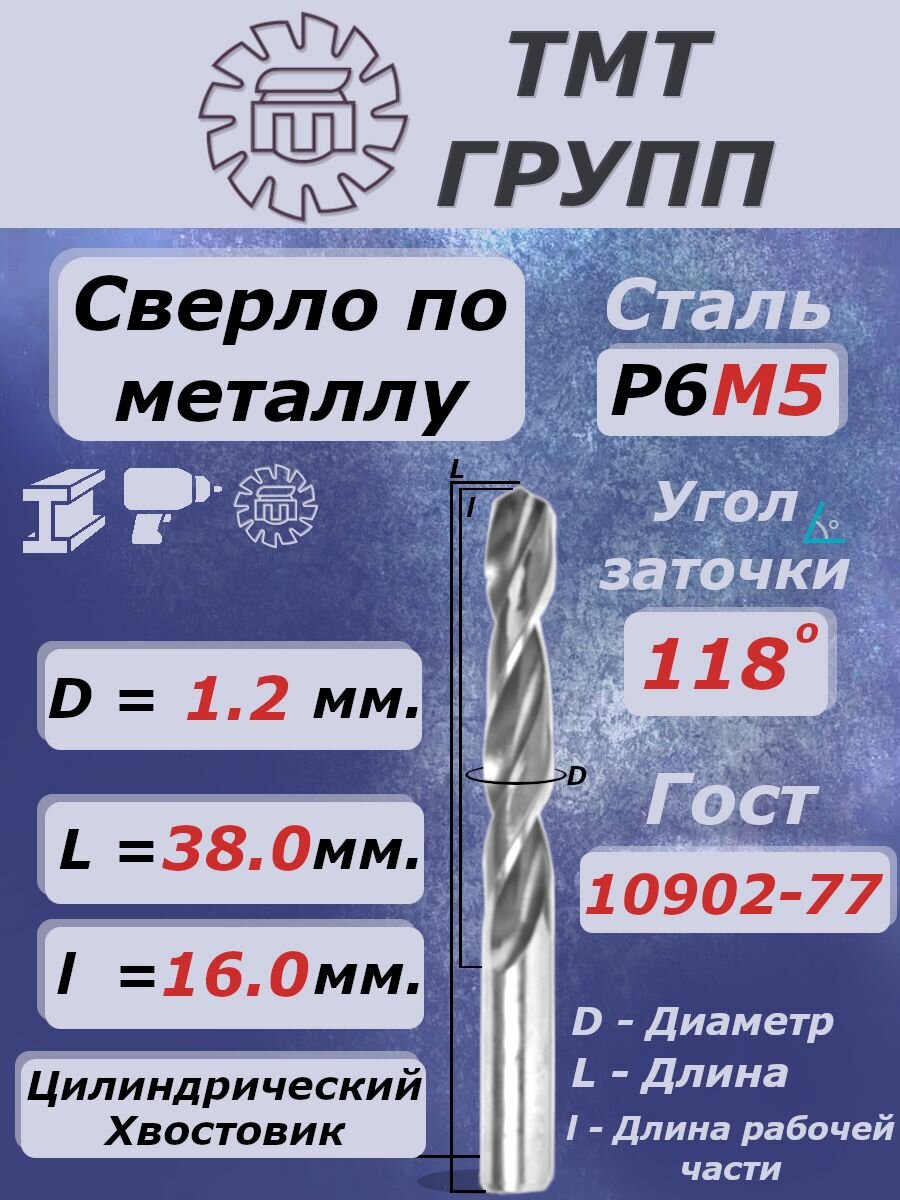 Сверло 1.2 мм. по металлу, цилиндрический хвостовик, ц/х, Р6М5 ТМ*