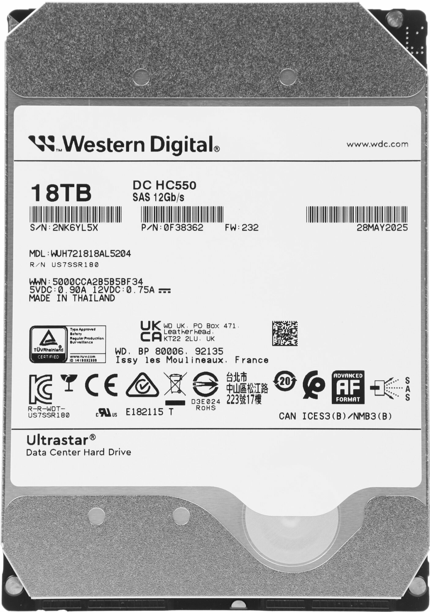 Жесткий диск WD SAS 3.0 18TB 0F38362 WUH721818AL5204 Server Ultrastar DC HC550 512E, 3.5"