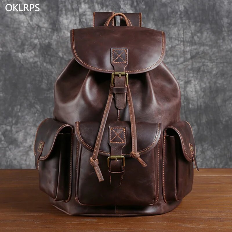 Мужской рюкзак из воловьей кожи с верхним слоем, Dark brown, 14 дюймов, Унисекс