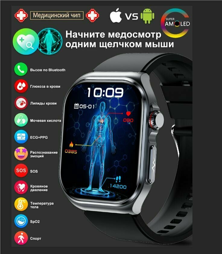 Умные часы с ЭКГ, анализом сахара в крови и давлением, AMOLED-экран,530 мАч, Новинка 2025