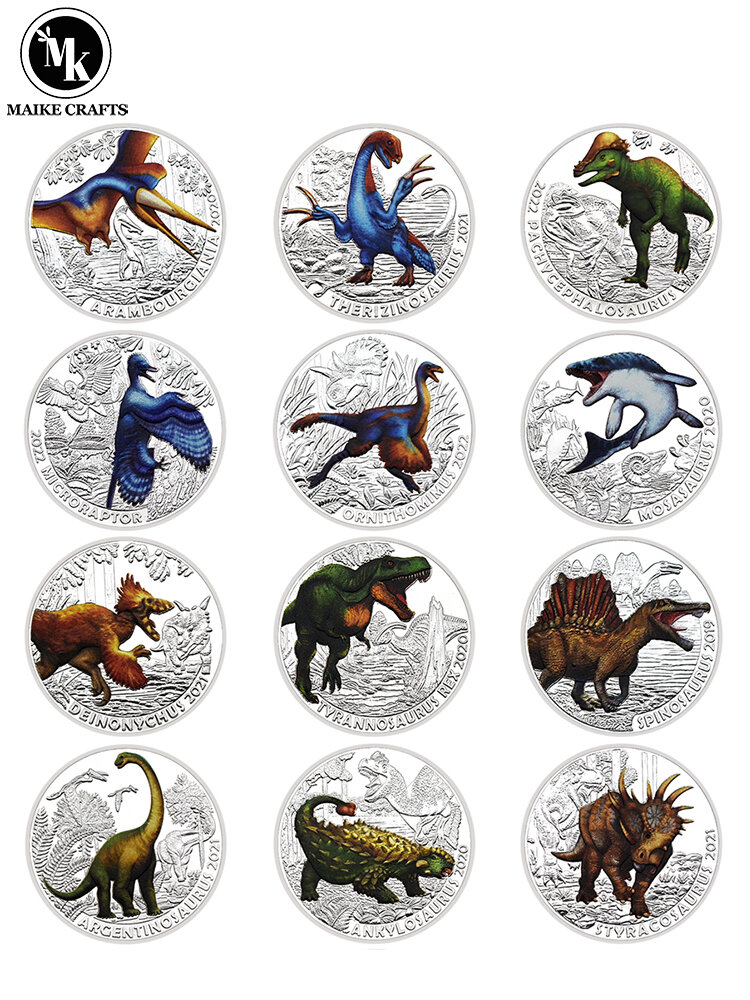 Набор из 12 штук памятных монет динозавров Серебряный птерозавр тиранозавр рекс аргентинский дракон коллекция монет подарок