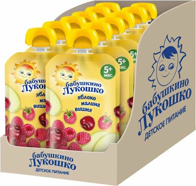 Пюре Бабушкино лукошко яблоко малина вишня, пауч с 5 месяцев, 90 гр, 12 шт.