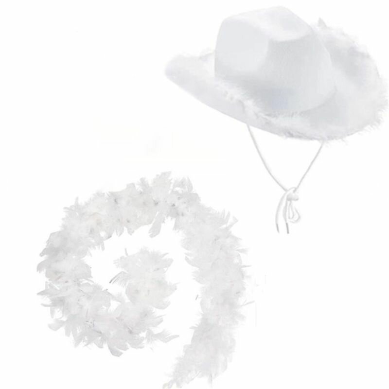 Комплект из 2 предметов, ковбойская шляпа двух частей с шарфом перьев-белый
