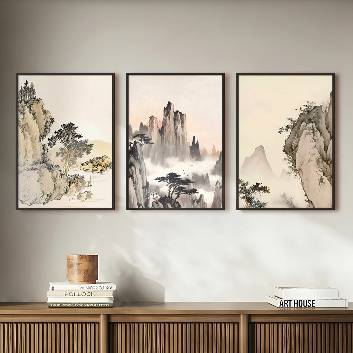 Постеры 3 шт 40х50 на стену "Триптих в японском стиле (сосны, горы, пейзаж, природа)" набор картин для интерьера