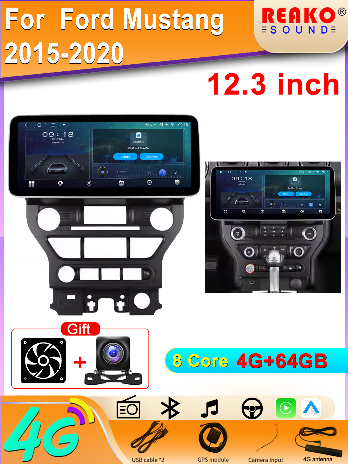 Магнитола для Ford Mustang 2015-2020 , с камерой заднего вида. IPS экран 12.3 дюймов, Wifi 2din с сенсорным экраном, usb и блютузом.