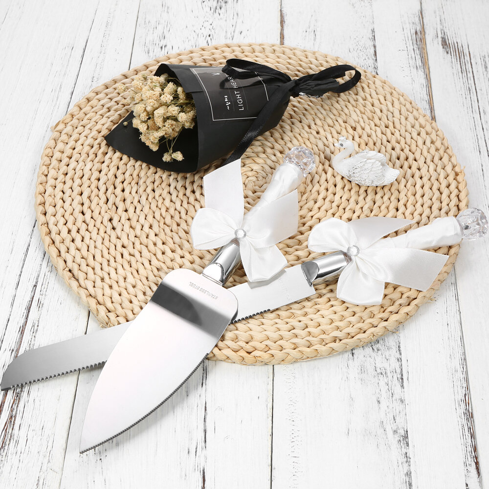 Свадебный торт из нержавеющей стали Нож и сервер набор хрустальных ручек для пирога с упаковочной коробкой для годовщины свадьбы-белая лента